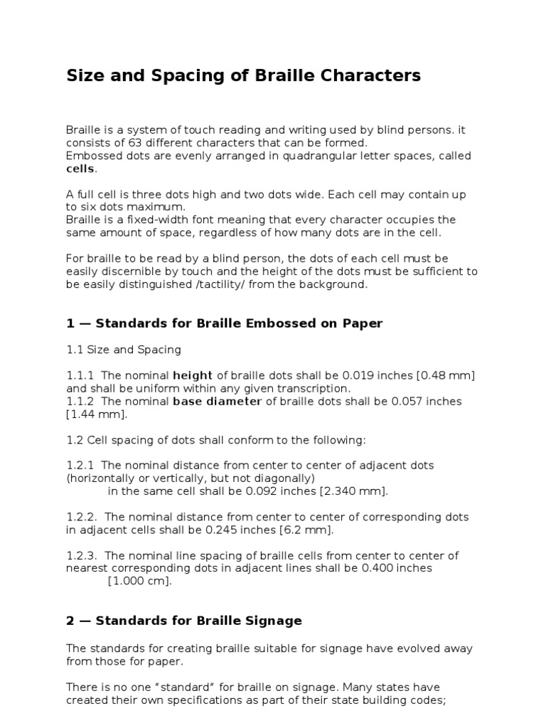 Braille Size and Spacing Standards | PDF