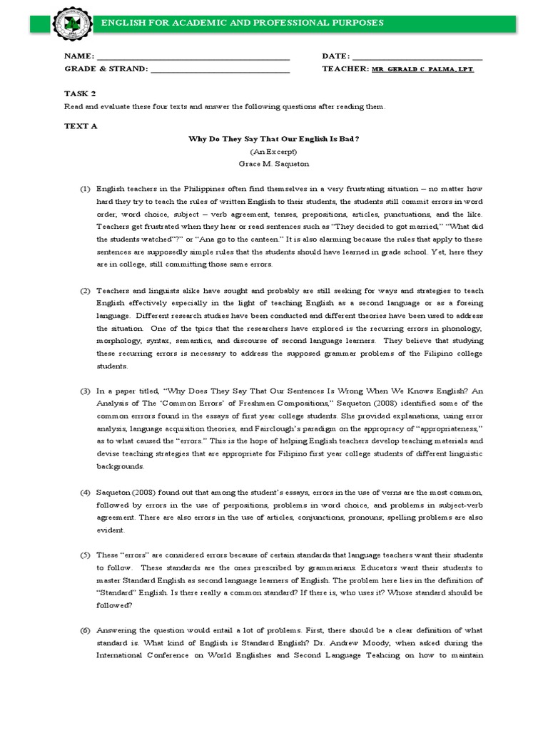 Eapp Task 2 - Read and Evaluate Texts | PDF | English Language | Second ...