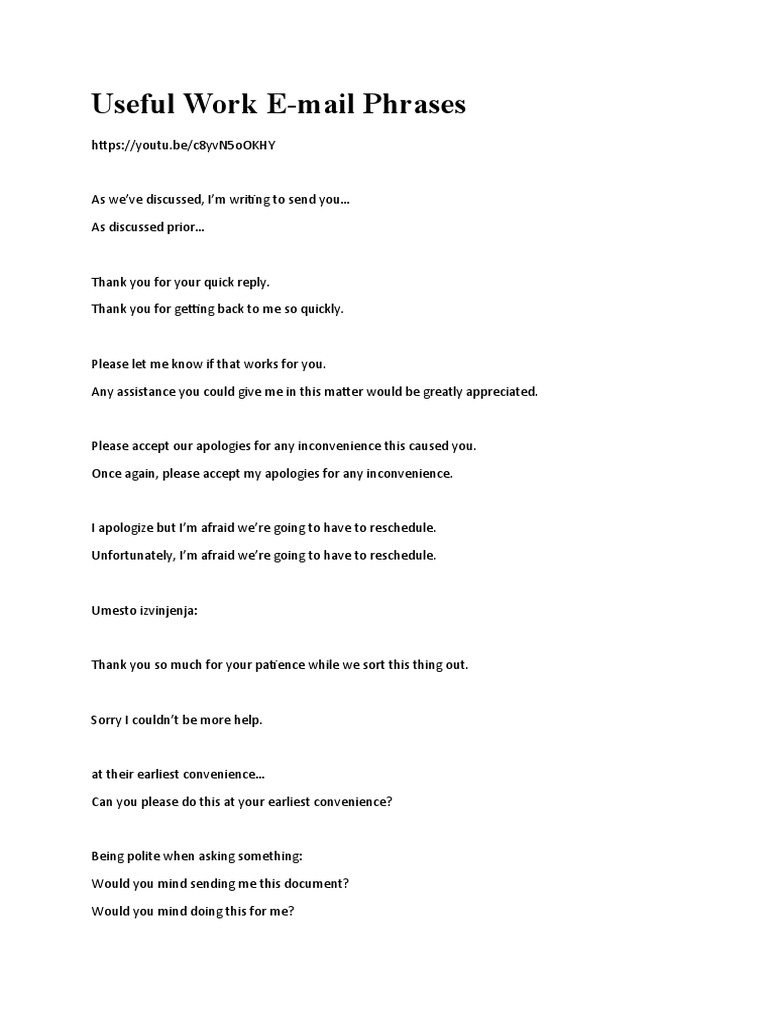 Useful Work E-Mail Phrases | PDF