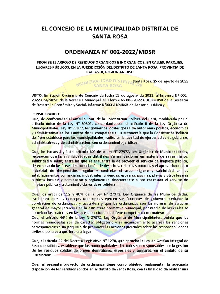 Ordenanza 002 | PDF | Residuos | Gobierno local