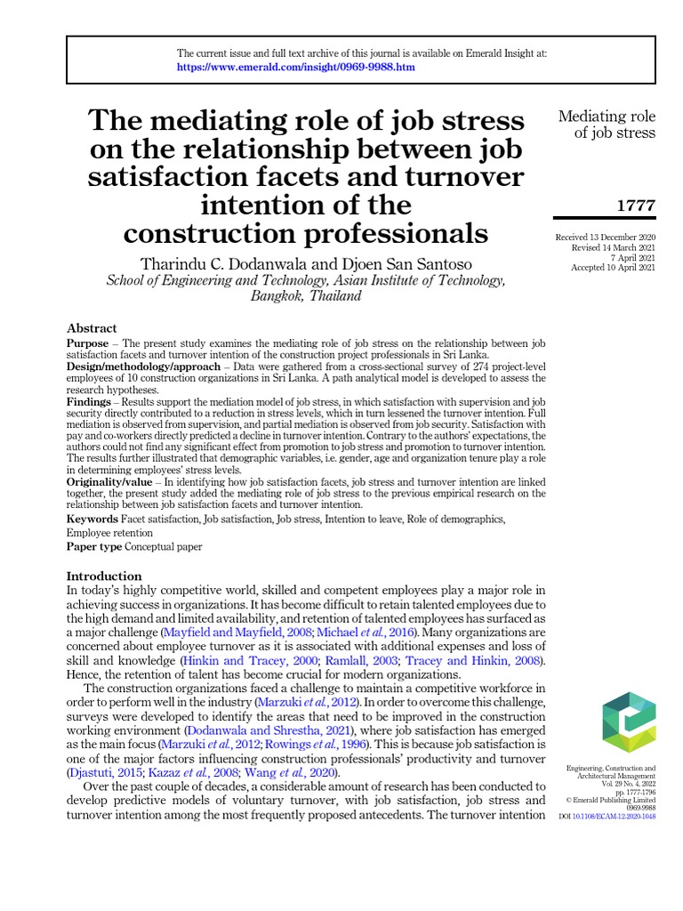 The Mediating Role of Job Stress On The Relationship Between Job Satisfaction Facets and ...
