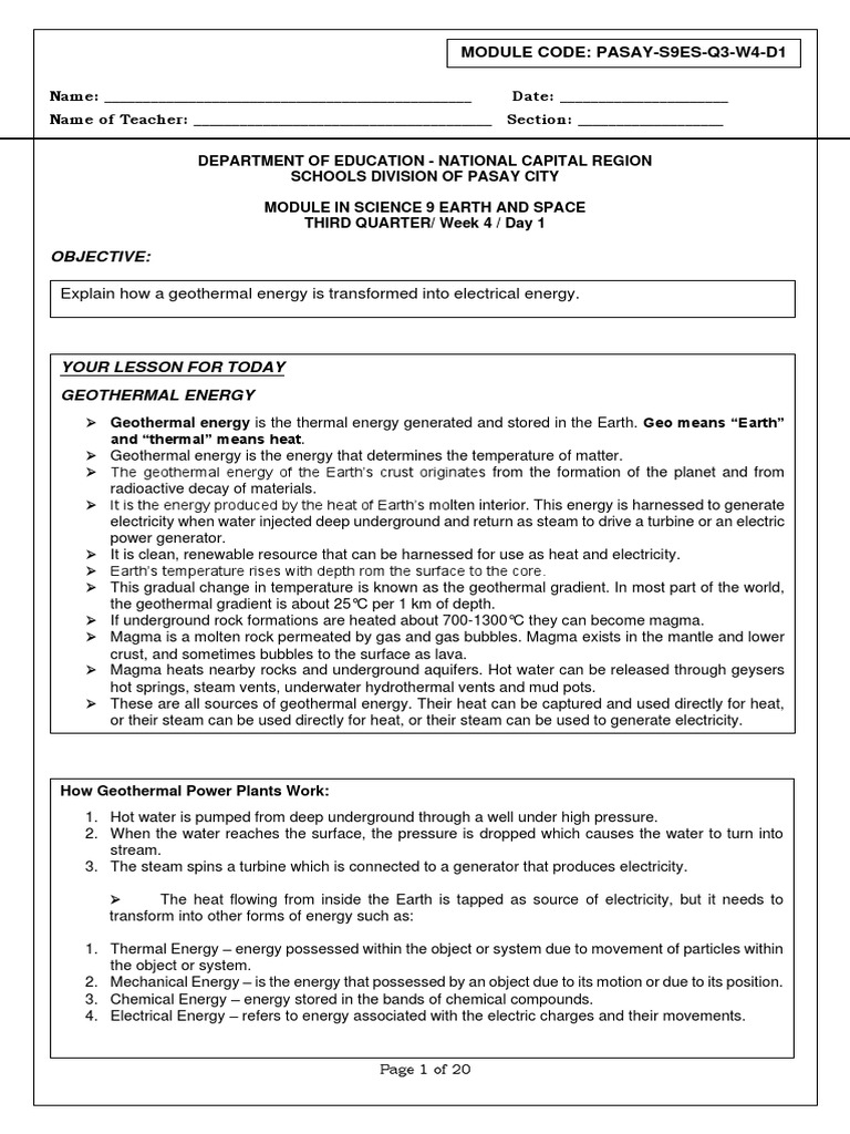 4-Science-9 Q3 W4 | PDF | Geothermal Energy | Renewable Energy