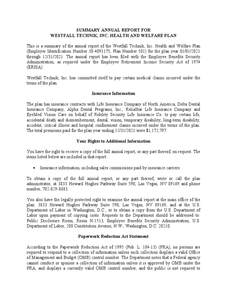 Westfall Technik Inc 2021 Summary Annual Report 501 PDF Insurance