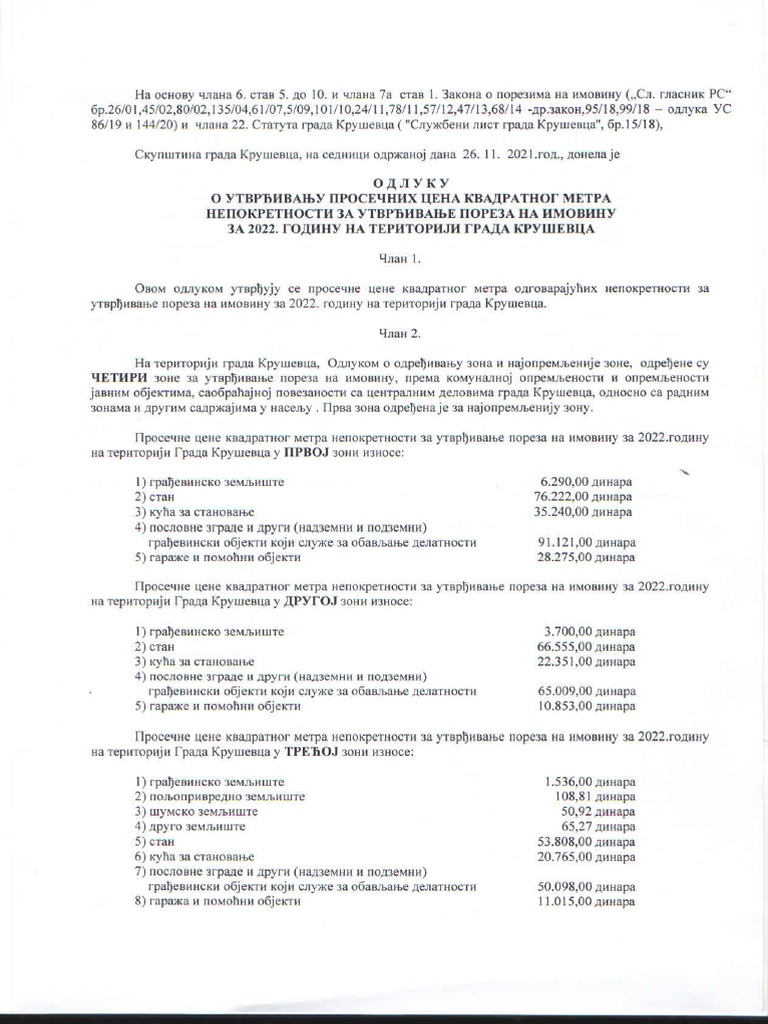 Odluka o Utvrdjivanju Prosecnih Cena Kvadratnog Metra Nepo - Za ...