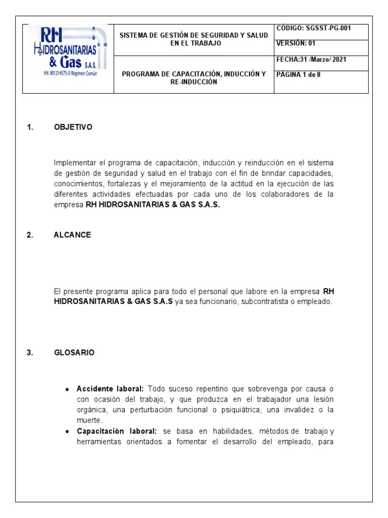 SGSST-PG-001 Programa de Capacitación, Inducción y Re-Inducción | PDF | Riesgo