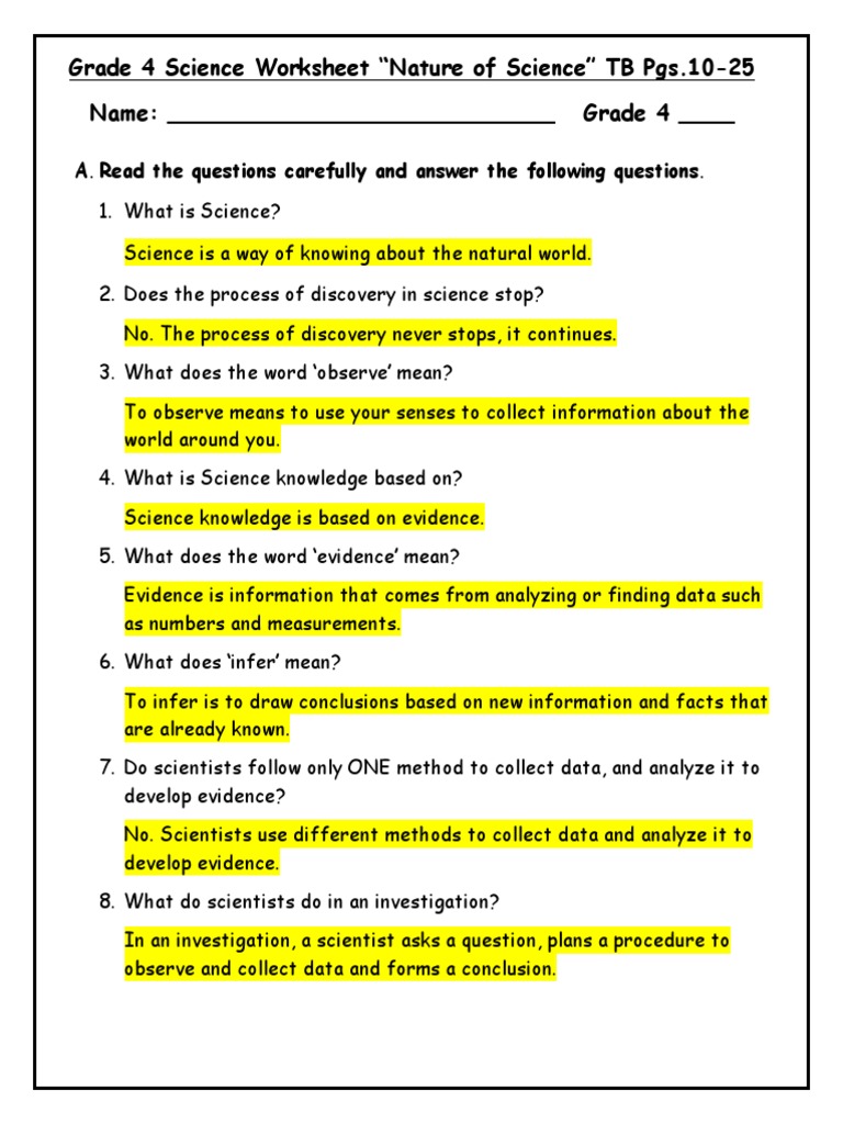 Grade 4 Science Worksheet "Nature of Science" TB Pgs.10-25 - AK | PDF ...