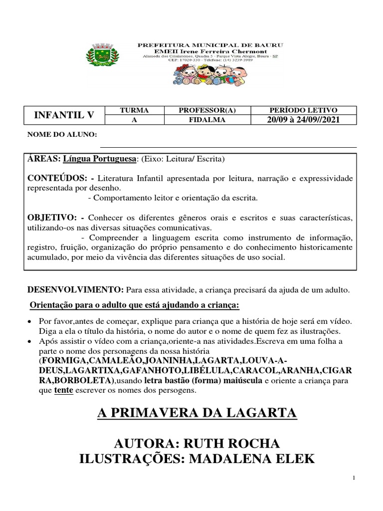 INFANTIL V - PROF FIDALMA (20-09 À 24-09-2021) | PDF | Escrita | Primavera