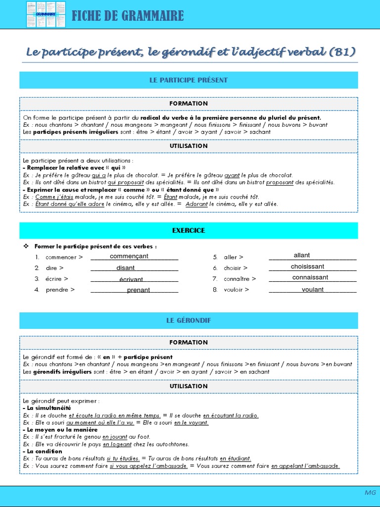 b1 - Grammaire - Gc3a9rondif Participe Prc3a9sent Adjectif Verbal | PDF ...