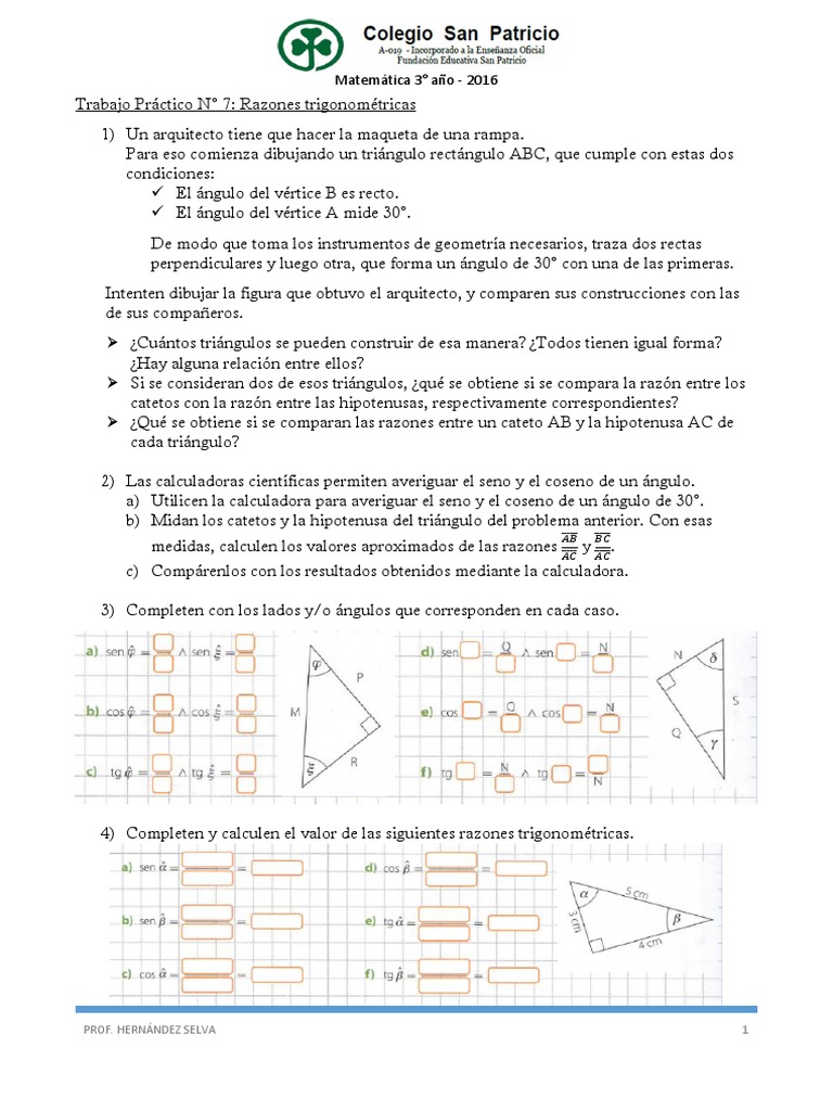 Trabajo PR Ctico No 7 Razones Trigonomtricas | PDF | Triángulo | Trigonometría