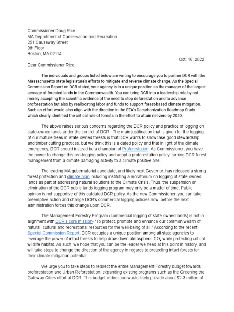 Letter To DCR Commissioner Doug Rice | PDF | Forestry | Global ...