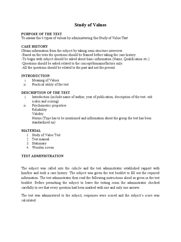 Study of Values Test Analysis | PDF