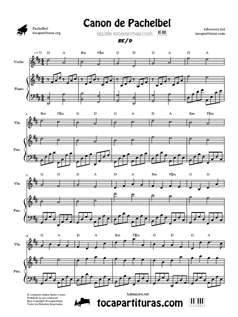 Canon de Pachelbel en D Partitura de Violín y Piano DÚO Sheet Music For ...