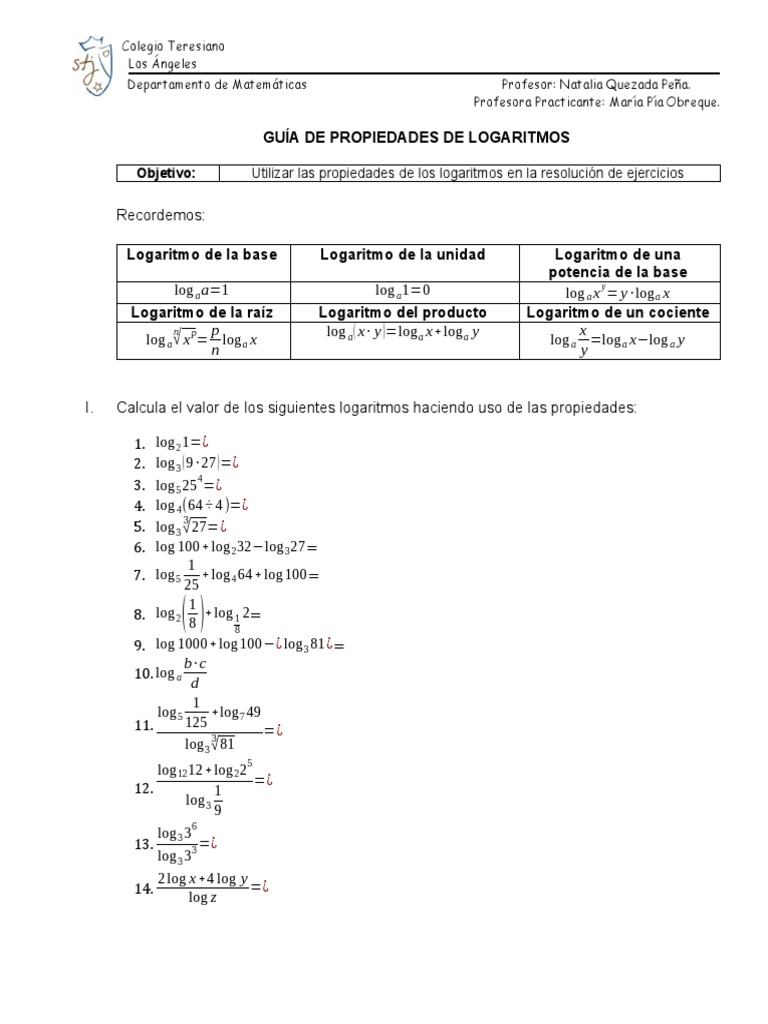 Guía de Propiedades de Logaritmos | PDF | Logaritmo | Funciones especiales