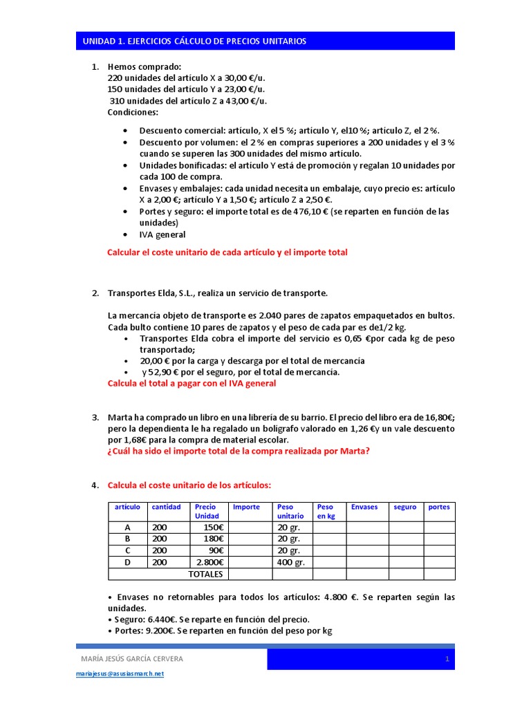 Unidad 1.ejercicios Cálculo de Precios Unitarios | PDF | Factura | Al ...