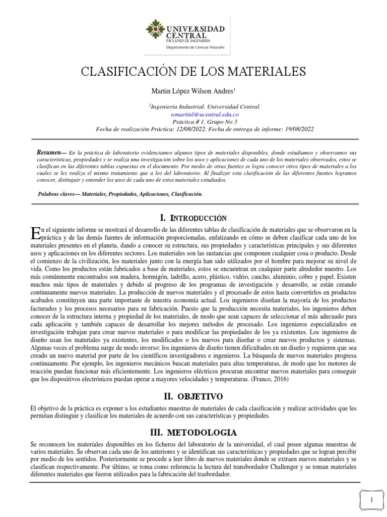Lab 1 - Clasificación de Los Materiales | PDF | Acero | Ingeniería