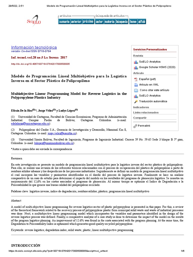 Modelo de Programación Lineal Multiobjetivo para La Logística Inversa en El Sector Plástico de ...