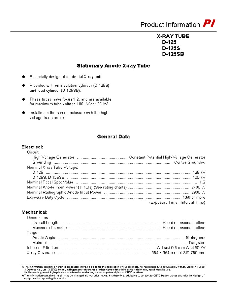 Product Information: X-Ray Tube D-125 D-125S D-125SB | PDF | Vacuum ...