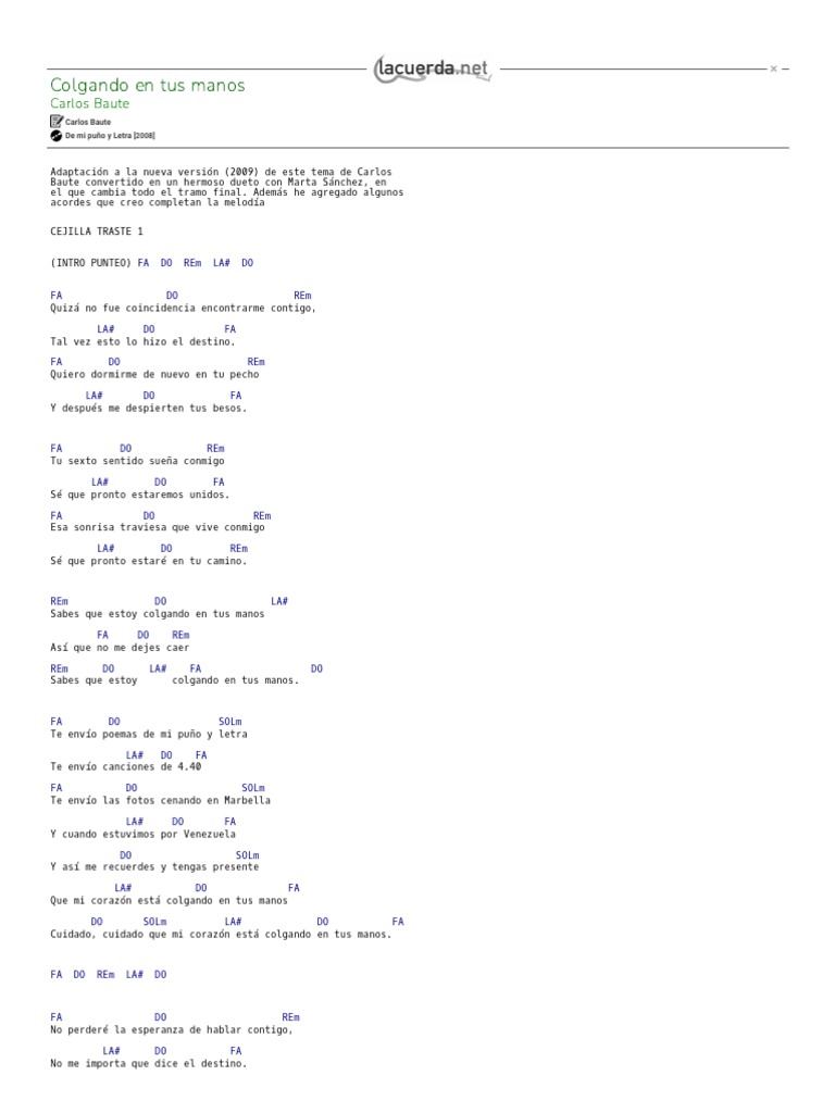 COLGANDO EN TUS MANOS, Carlos Baute - Acordes | PDF | Arte | Poesía