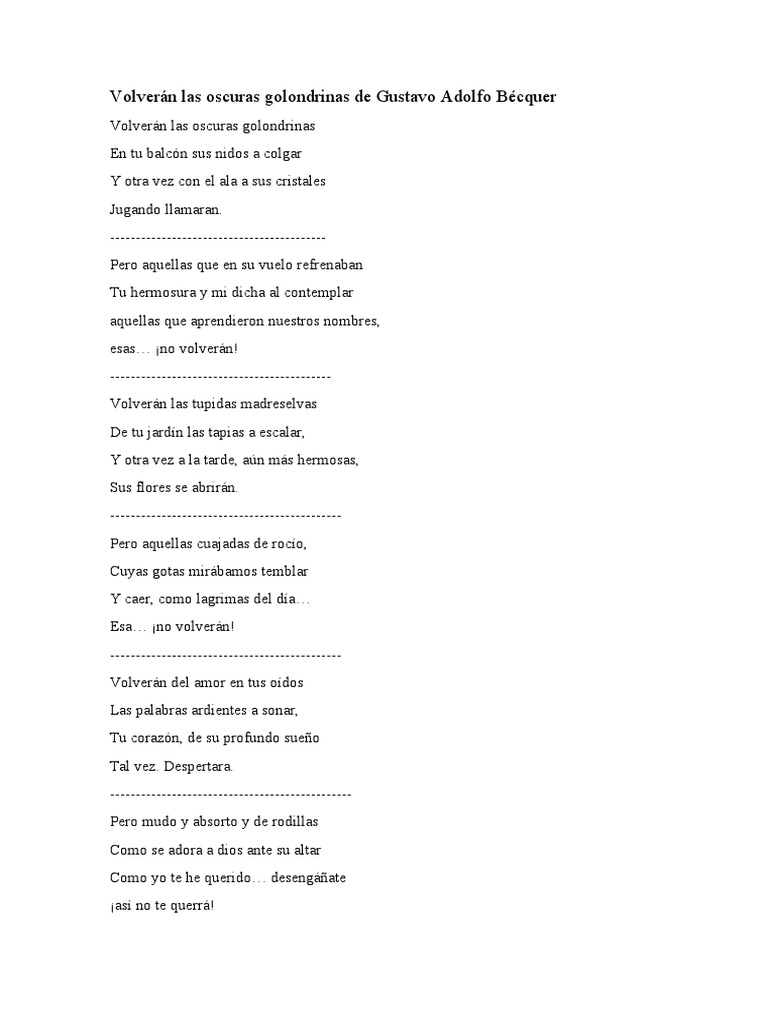 Volverán Las Oscuras Golondrinas de Gustavo Adolfo Bécquer | PDF