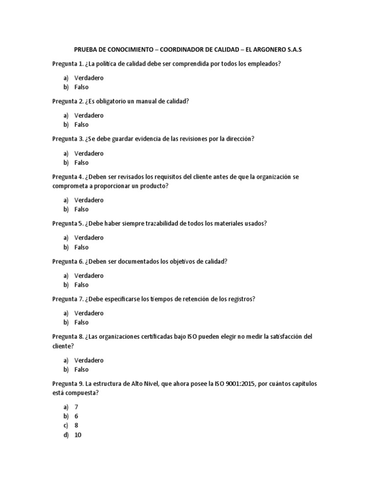 Prueba de Conocimiento ISO 9001 | PDF | Calidad (comercial) | Iso 9000