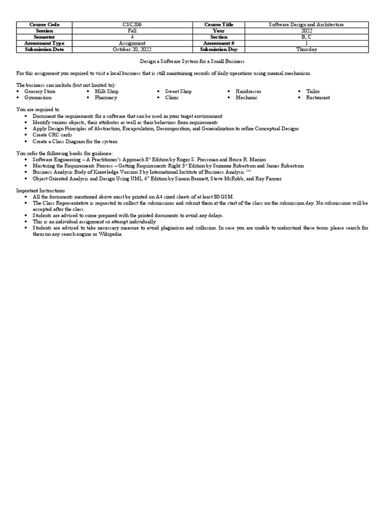 CSC206 Software Design and Architecture - Assignment #1 | PDF | Design ...