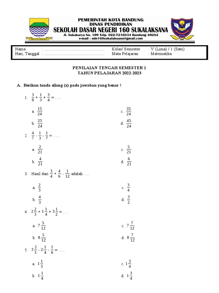 Soal PTS Semester 1 Kelas 5 Matematika | PDF | Metode & Bahan Ajar