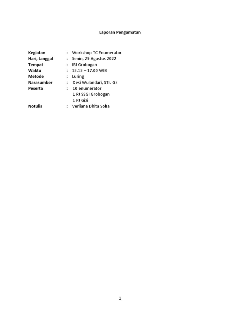 Notulen Pengamatan Tc Enumerator 01092022 Evaluasi Pdf