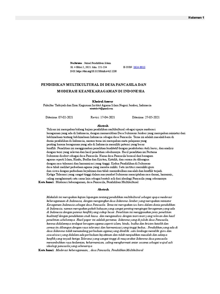 Pendidikan Multikultural Di Desa Pancasila Dan Moderasi Keanekaragaman Di Indonesia | PDF