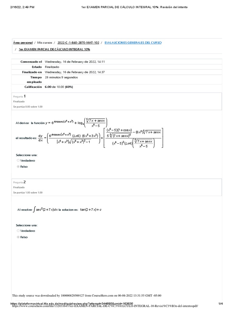 1er EXAMEN PARCIAL DE C LCULO INTEGRAL 10 Revisi N Del Intentos PDF | PDF | Integral | Conceptos ...