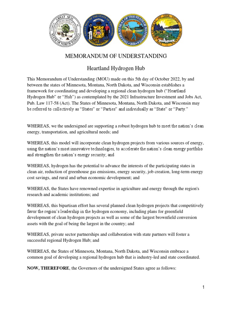 Heartland Hydrogen Hub MOU Final | PDF | Sustainable Energy | U.S. State