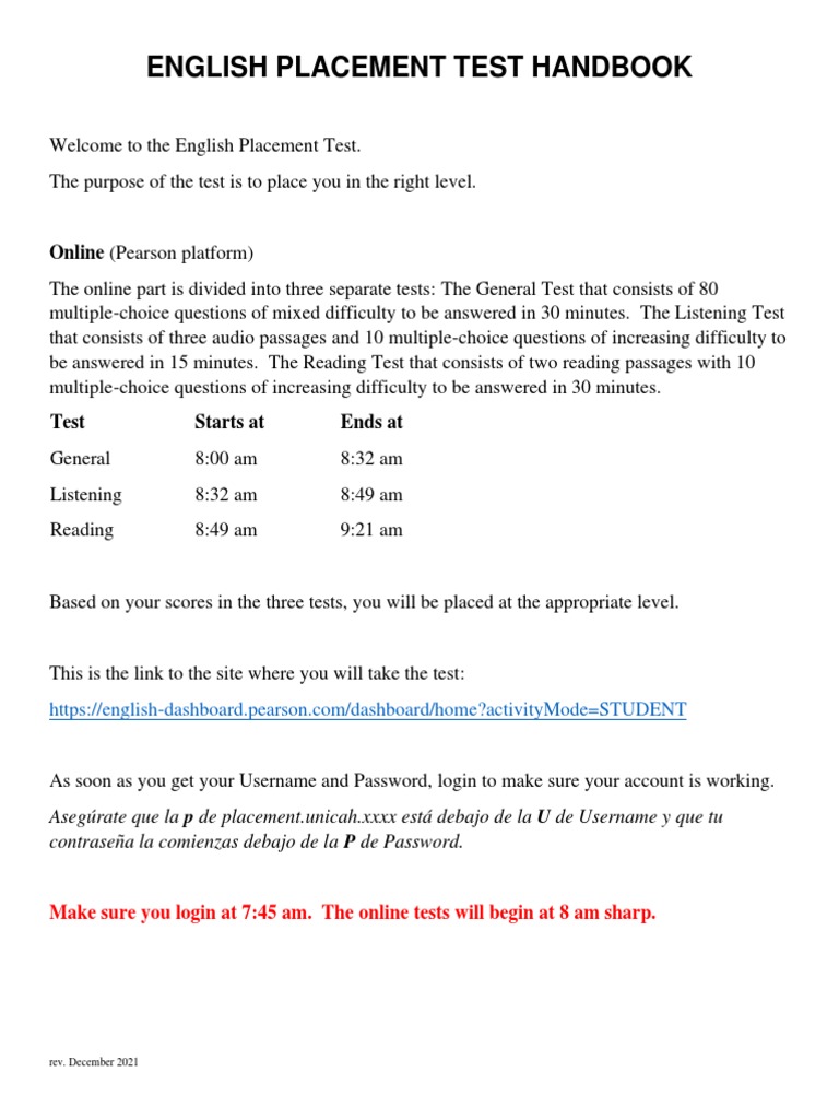ENGLISH PLACEMENT TEST HANDBOOK - December 2021 | PDF | Password | Test ...