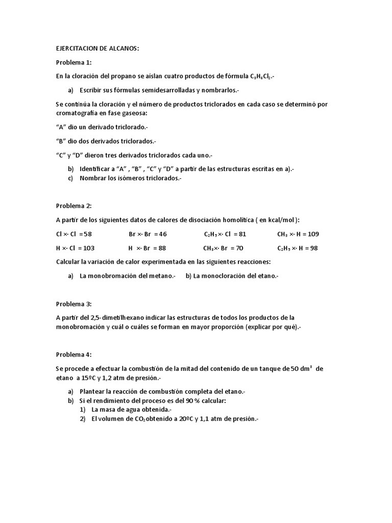Alcanos Ejercicios. - Quimica Organica | PDF | Alcano | Cloro