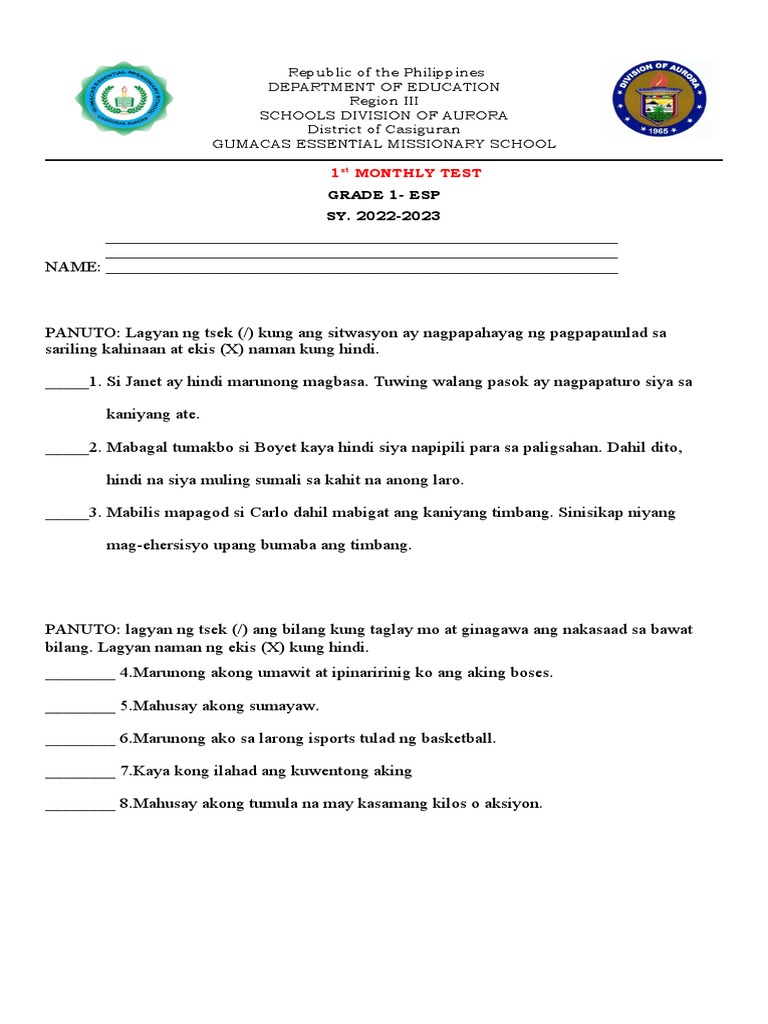 1st Monthly test-GRADE 1 ESP | PDF