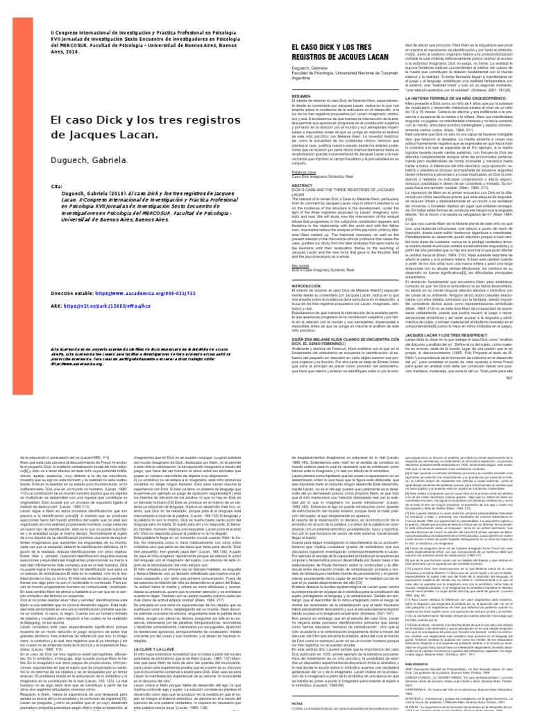 El Caso Dick y Los Tres Registros de Jacques Lacan | PDF | Jacques Lacan | Psicoanálisis