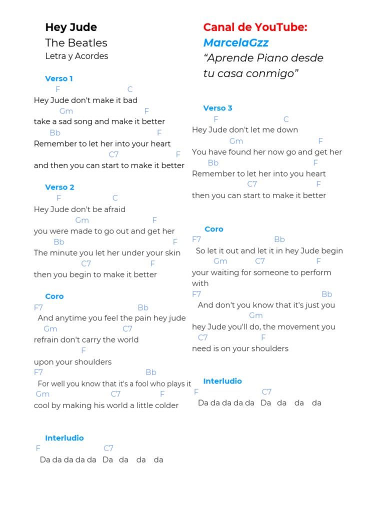 Hey Jude, The Beatles, Letra, Acordes y Traducción Al Español | PDF