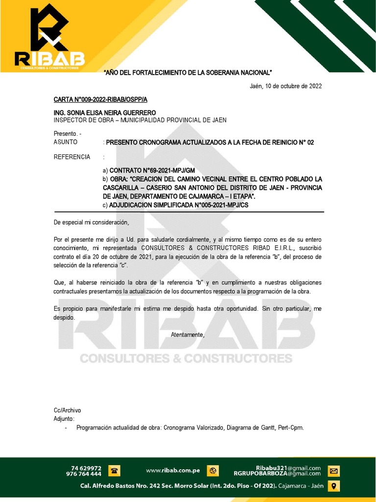Carta #009 - 2022 - Expediente Adicional de Obra N°01 | PDF