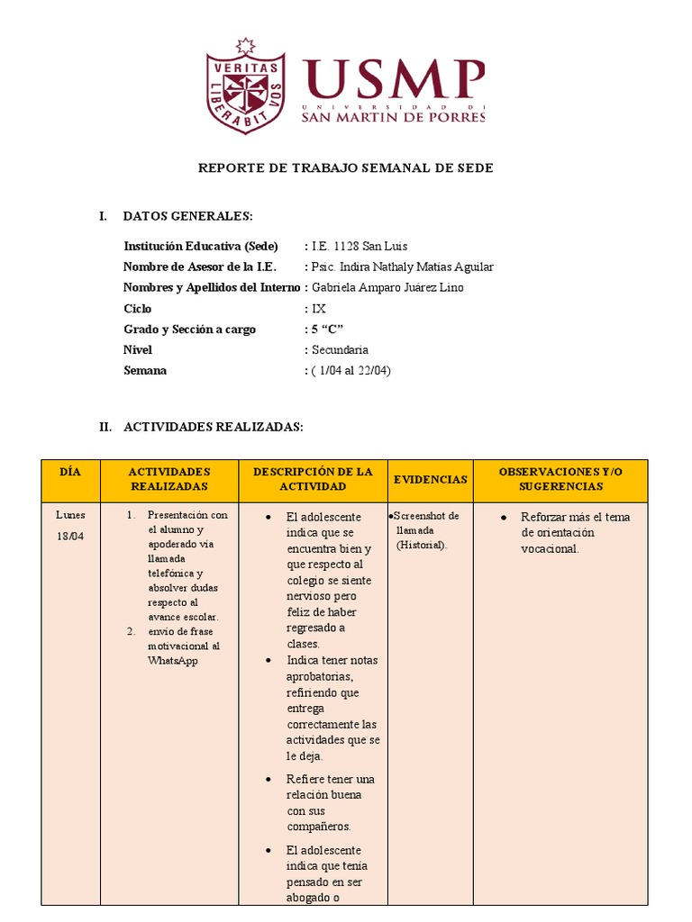 Modelo de Reporte Semanal Practicas 4 | PDF