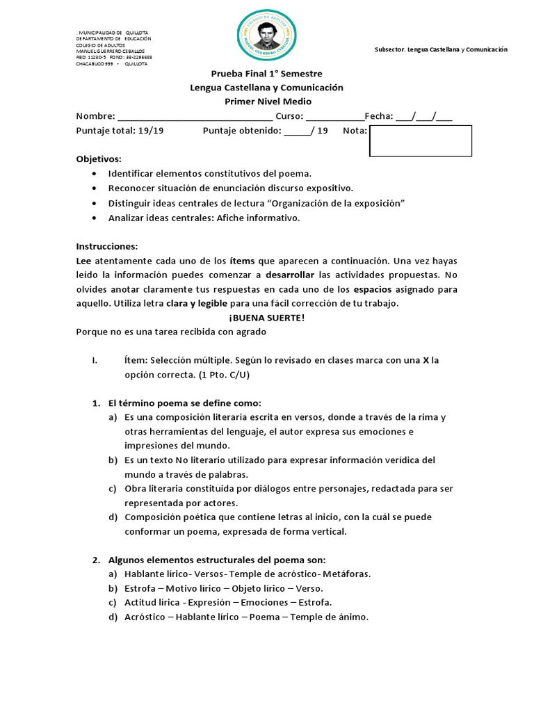 Prueba Final Semestre 1°nm Lyc | PDF | Lingüística