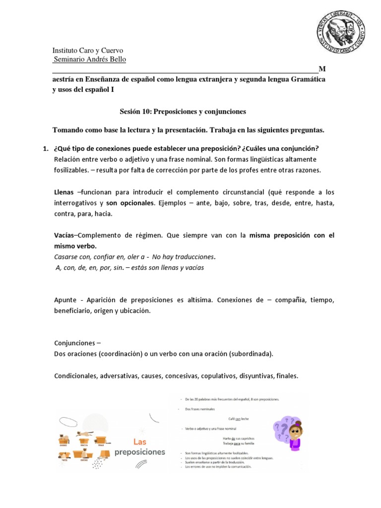 Preposiciones Y Conjunciones En Español Pdf Oración Lingüística
