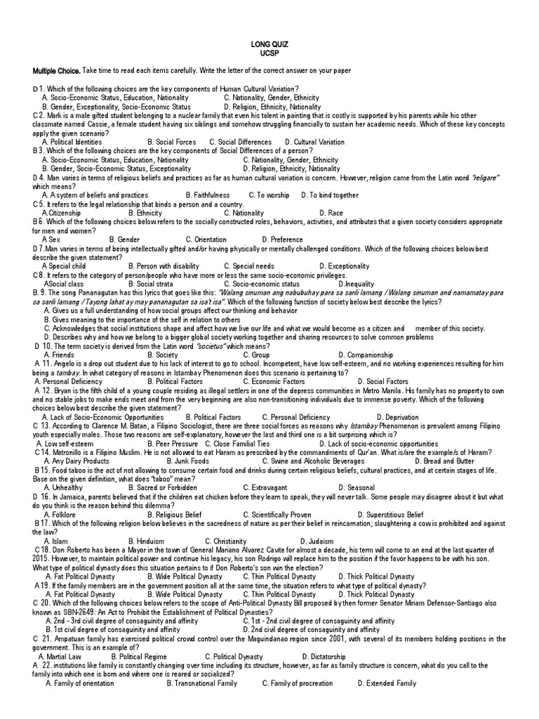 Long Quiz Ucsp | PDF | Anthropology | Gender