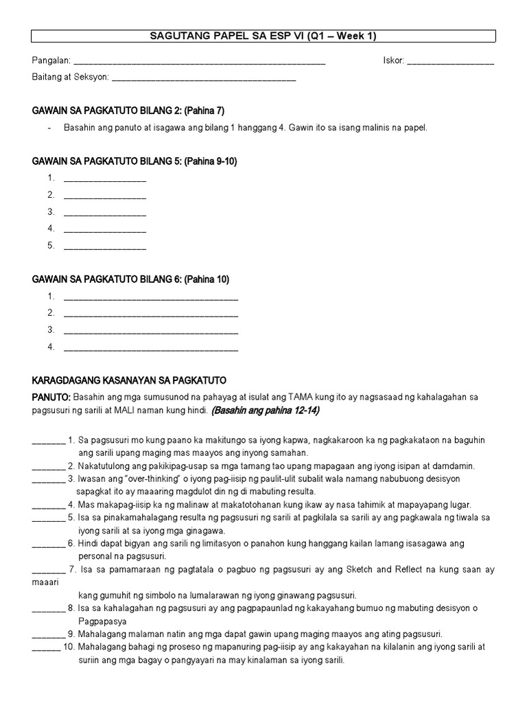 Q1 W1 and W2 - Answer Sheet in ESP | PDF