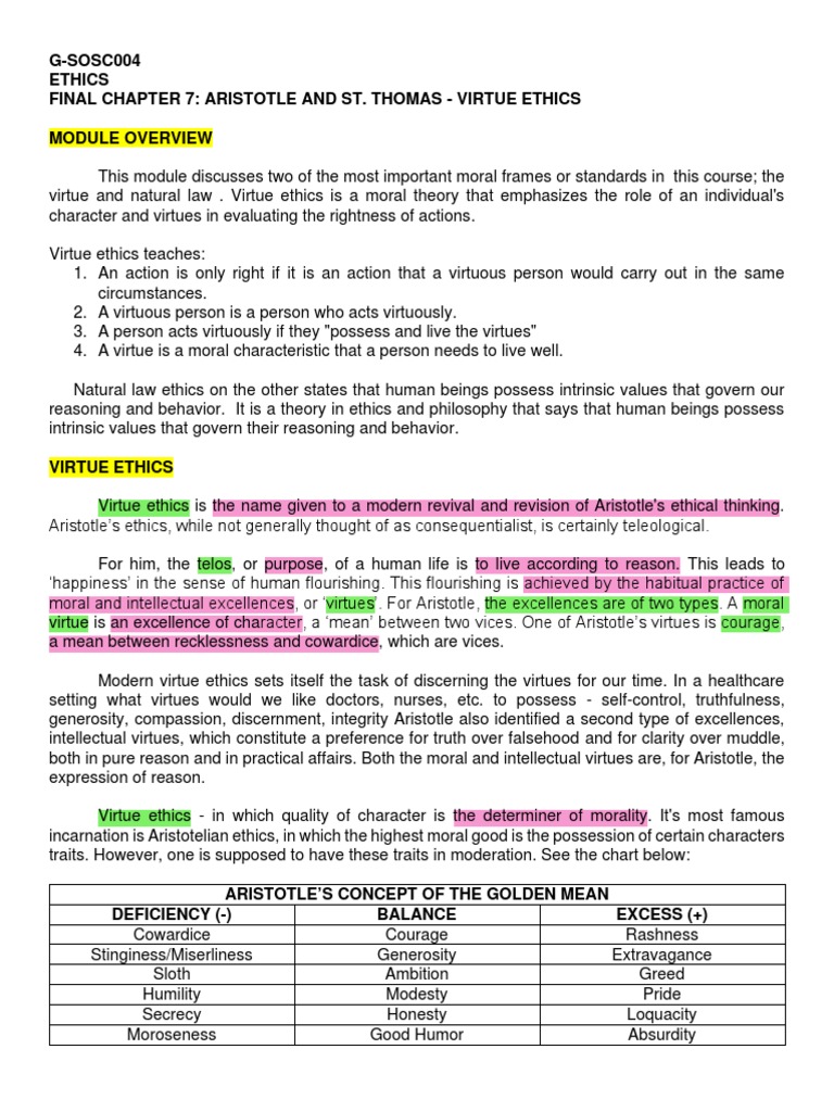Final Chapter 7 - Aristotle and St. Thomas' Virtue Ethics | PDF | Virtue Ethics | Virtue