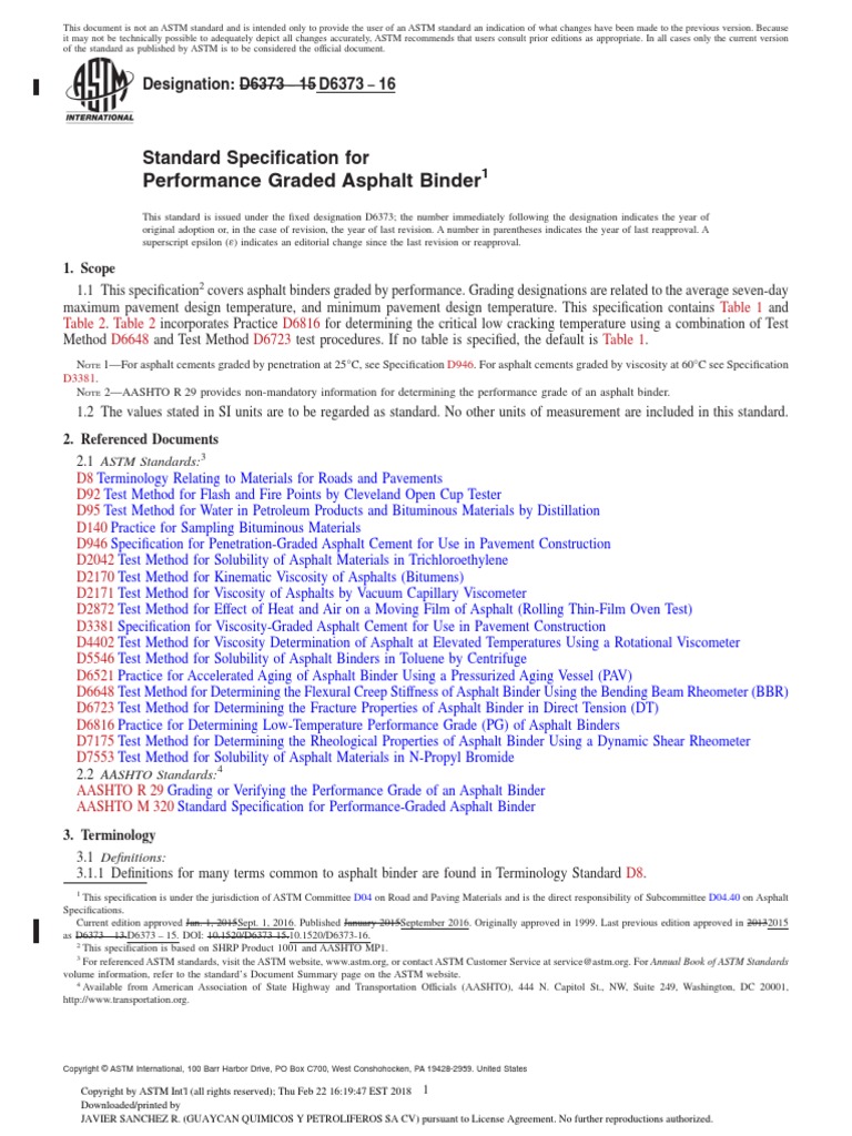 ASTM D6373 15 Especificacion PG | PDF | Asphalt | Viscosity