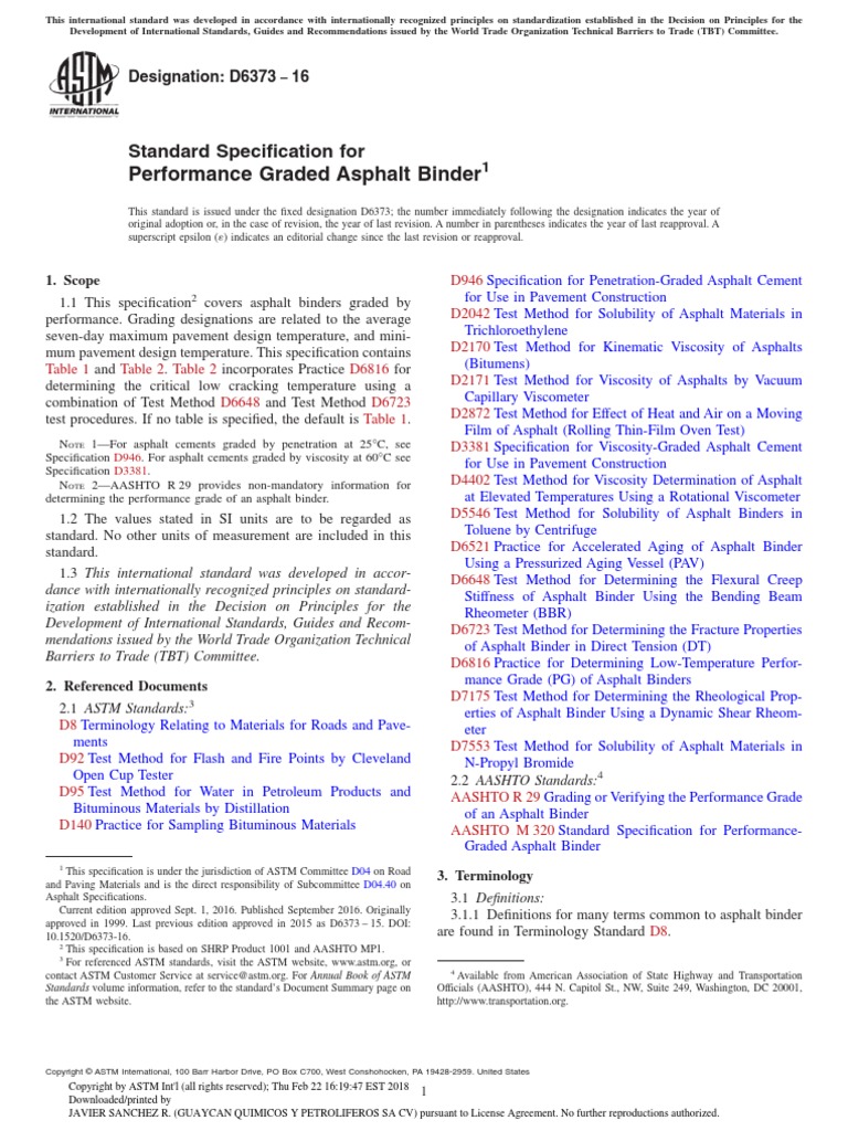 ASTM D6373 16 Especificacion PG | Download Free PDF | Viscosity | Asphalt