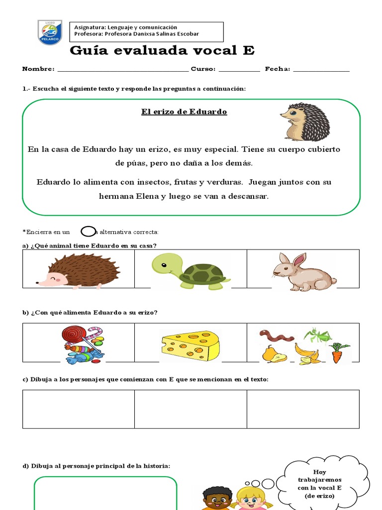 Actividades con la Vocal E y Erizo | PDF