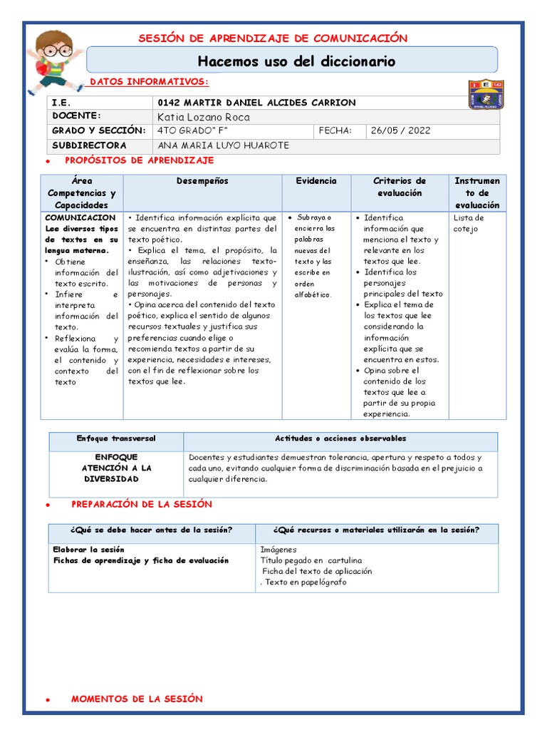 SESION DE COMUNICACION Uso Del Diccionario | PDF | Salón de clases ...