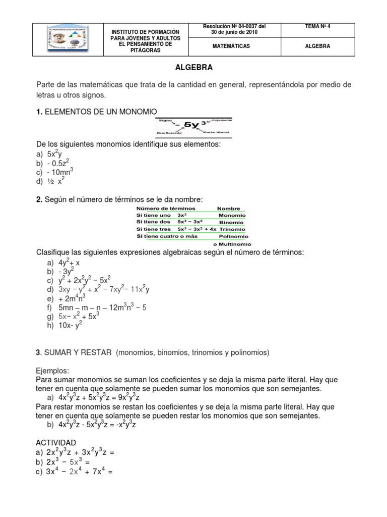 Resolución sobre conceptos básicos de álgebra | PDF | Aritmética ...