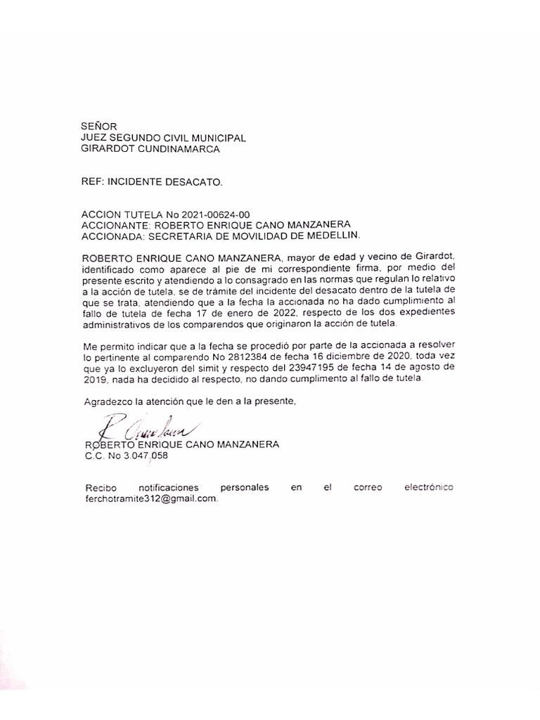 Carta de Desacato Accion de Tutela Roberto Enrique Cano Manzanera | PDF