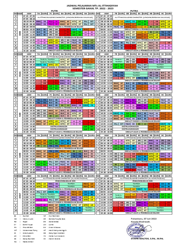JADWAL PELAJARAN MTs 22-23 | PDF