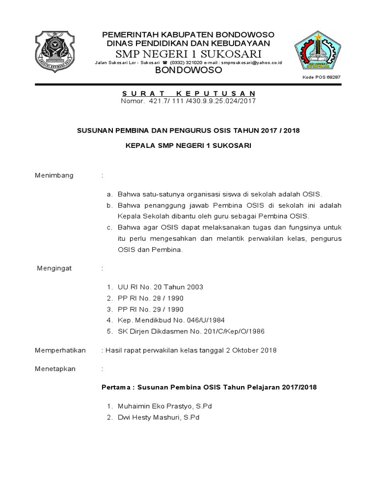 SK Osis SMP Negeri 1 Sukosari 2017 | PDF